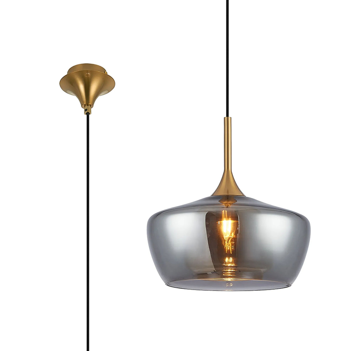 REID Single Pendant, 1 x E27, Double Glass Trapezium & Jar, Brass/Smok ...